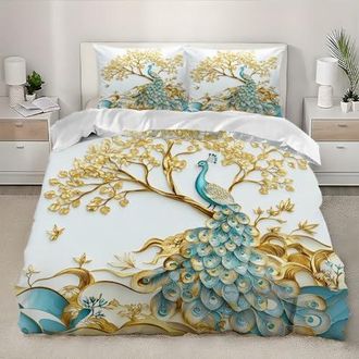 Generic Parure de lit 140x200 cm Paon Doré de Luxe Housse de Couette Microfibre 3 pièces Douce Confortabl HypoallergiqueArt Housse de Couette pour Adultes Enf