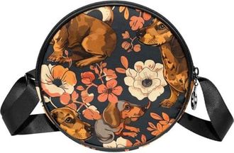 Generic Petit sac &agrave; bandouli&egrave;re circulaire pour femme, motif teckel avec fermeture &eacute;clair, bretelles r&eacute;glables, sac &agrave; main rond d&eacute;contract&eacute; pour femmes et fil