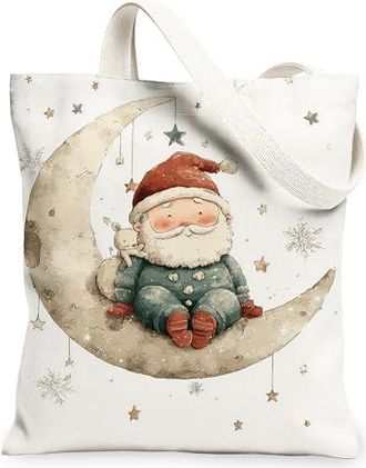 Generic Sac fourre-tout fantaisie en toile, joli motif lune et &eacute;toile, sacs &agrave; provisions r&eacute;utilisables, vintage vacances, l&eacute;gers et lavables, Blanc, 13x15 Inc