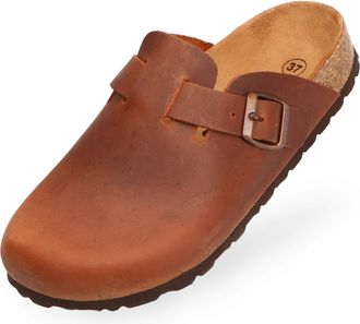 Bonova Wesel: Lederpantoffel tabak in Größe 45. Hausschuhe aus Echtleder (Nubuk), mit Kork-Fußbett, hergestellt in der EU