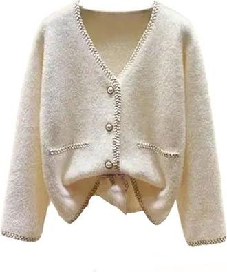 Generic Veste tendance &agrave; col en V pour femme - Cardigan blanc doux et ample &agrave; boutons - Tricot printanier, Blanc, XXL