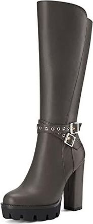 Castamere Femmes Bloc Chunky Haut High Talon Heel Ferm&eacute; Rond Bout Mi Mollet Fermeture &agrave; Glissi&egrave;re Boucle Bureau Classique Bottes M&eacute;tallique 43 EU