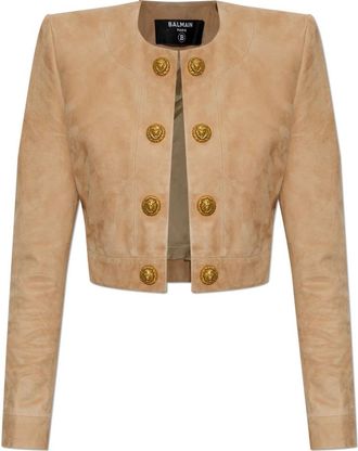 Balmain Femme, Vestes, Beige, Taille: 40 FR Cropped Suede Leather Jacket