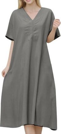 Generic Robe longue d&eacute;t&eacute; d&eacute;contract&eacute;e en coton et lin &agrave; manches courtes et col en V pour femme, robe longue d&eacute;contract&eacute;e avec poches, robe d&eacute;t&eacute; boh&egrave;me, robe b