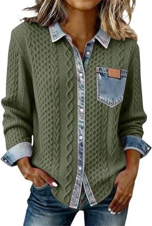 Generic Chemisier pour femme &agrave; manches longues boutonn&eacute;s - Vintage - En tricot gaufr&eacute; - Chemisier en denim - Patchwork - T-shirt &agrave; manches longues - Coupe con