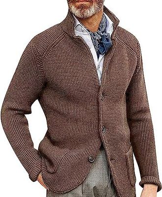 Generic Cardigan pour homme, col montant, manteau en laine &eacute;paisse &agrave; aiguille &eacute;paisse, pull de costume de couleur unie, pull boutonn&eacute; manteau chaud dext&eacute;rieur