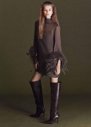 Mango Robe &agrave; manches &eacute;vas&eacute;es plumes marron moyen - Femme - XS - MANGO