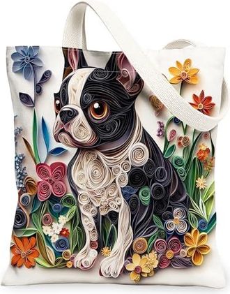 Generic Sac fourre-tout en toile r&eacute;utilisable avec motif de chien de Boston Terrier de Boston pour faire du shopping, 33 x 38,1 cm, sac d&eacute;picerie r&eacute;utilisable