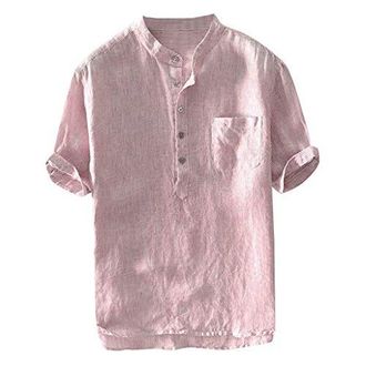Generic Chemise en coton et lin pour homme, chemisier dentra&icirc;nement avec poche boutonn&eacute;e, hauts baggy pour hommes, t-shirts &agrave; manches en coton &agrave; rayures, chem