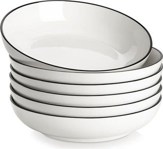 Malacasa S&eacute;rie REGULAR 1250ml Assiettes &agrave; P&acirc;tes en Porcelaine, Assiettes Creuses, Service de Bols &agrave; Salade 6 Pi&egrave;ces, Blanc avec Bord Noir