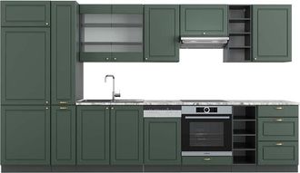 Vicco K&uuml;chenzeile Fame-Line, Gr&uuml;n-Gold Landhaus/Anthrazit/Anthrazit, 355 cm, AP Marmor