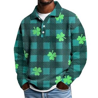 Generic Sweat-shirt de la Saint-Patrick pour homme, pull imprim&eacute; &agrave; carreaux tr&egrave;fle, grande taille, manches longues, ample et fin, pull basique &agrave; boutons 1/4, 