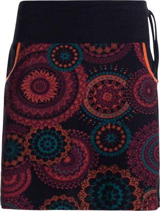 vishes kurzer Damen-Rock mit Mandalas in schwarz-orange I Gr&ouml;&szlig;e XS (32-34) I Handgefertigt aus 100% Baumwolle I Rock mit Taschen I Ideal f&uuml;r warme & kalte Mo
