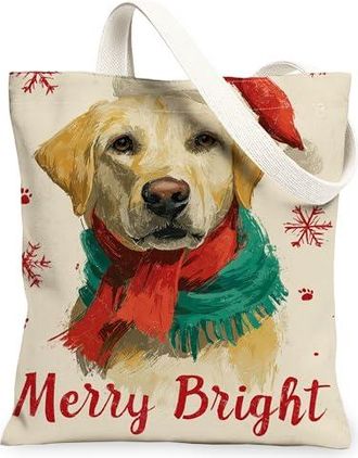 Generic Sacs fourre-tout en toile pour chien de No&euml;l, motif animal de vacances, sacs d&eacute;picerie r&eacute;utilisables, sacs d&eacute;picerie r&eacute;tro, l&eacute;gers, lavables en toile 