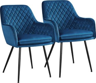 Yaheetech Esszimmerstühle 2er Set Küchenstühle, Polsterstühle mit Armlehnen Metallbeine, Seesel aus Samtstoff für Arbeitszimmer/Wohnzimmer, Blau