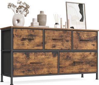 Songmics Kommode, Schrank, 5 Stoffschubladen, Aufbewahrungsschrank, Stahl, MDF, Vliesstoff, für Schlafzimmer, Flur, Wohnzimmer, vintagebraun-tintenschwarz LGS3