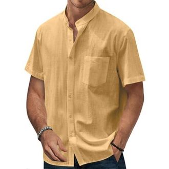 Onsoyours Chemise Homme Manche Courte Col Mao Chemise &Eacute;t&eacute; Homme Leger en Coton Chemise De Plage Classique Casual Regular Fit Henley Shirt A Orange XXL