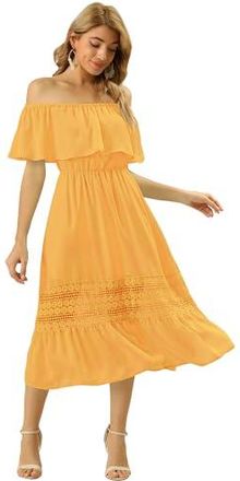 Allegra K Robe Maxi à épaules dénudées à Volants en Dentelle avec empiècement en Dentelle Taille Haute à Manches flottantes pour Femmes Jaune S
