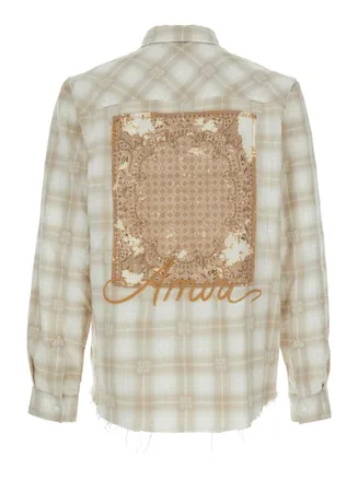 Amiri Mens Beige Flannel Shirt With Check Pattern Cotton