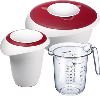 Westmark Back-Set, 3-tlg.: 1 Rührschüssel 2,5 l, 1 Quirltopf 1 l, 1 Messkanne 1 l, Kunststoff, Weiß/Rot/Klar, 315322E7