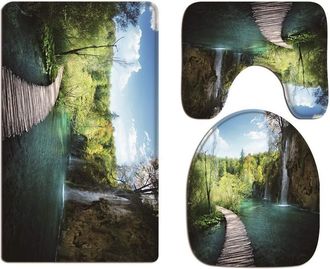 A.Monamour Badezimmer Badematte Set Wasserfall Im Gr&uuml;nen Sommer Wald Blau Wasser See Bew&ouml;lkter Himmel Holz Weg Natur Landschaft Flanell Saugf&auml;hig Badteppiche Bad