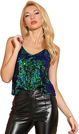 Allegra K Top Pailleté Femme Bretelles Spaghetti Brillant Scintillant pour Fête Soirée Vert Bleu XS