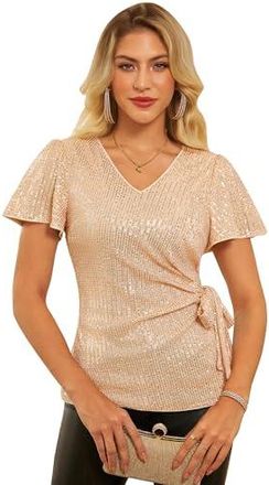Grace Karin Femme Haut Chic À Sequins Blouse Soirée Élégante À Paillettes Top De Fête Col en V Manches À Volants Courtes Or XXL