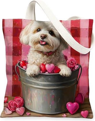 Generic Cavachon Sac fourre-tout en toile pour le shopping Motif chien 33 x 38 cm, sac d&eacute;picerie r&eacute;utilisable pour la Saint-Valentin, d&eacute;coration de cadeau