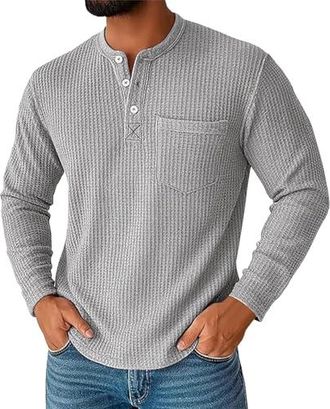 Generic Chemise Henley avec poches pour homme - T-shirt &agrave; manches longues - Coupe r&eacute;guli&egrave;re - Col rond - Avec bouton - T-shirt d&eacute;contract&eacute; et confortable - Po