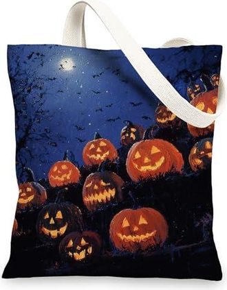 Generic Sacs fourre-tout en toile dHalloween, motif citrouille effrayante, sacs dépicerie réutilisables, amusants, festifs, légers, lavables avec bandoulière 
