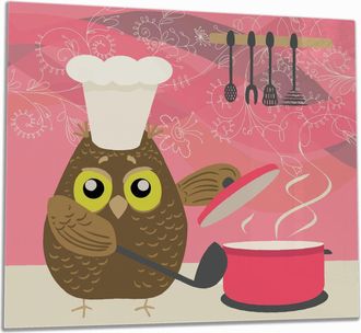 Wallario Herdabdeckplatte/Spritzschutz aus Glas, 1-teilig, 60x52cm mit 13mm hohen Füßen, für Ceran- und Induktionsherde, Lustige Eule beim Kochen mit Kochmütze