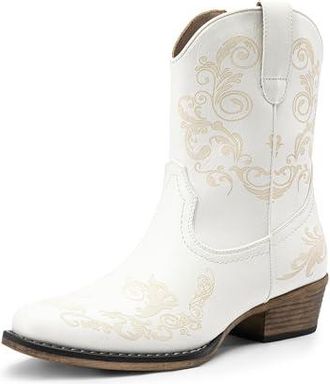 Dream Pairs Bottes Femme Western Cowboy Courtes Bout Carré Confortables Mode,Size 41,Blanc,SDAB2407W