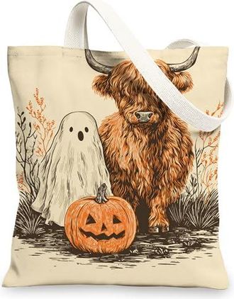 Generic Sacs fourre-tout en toile dHalloween, motif fantôme mignon et citrouille, sacs de courses réutilisables, rustiques, légers et lavables avec bandoulièr