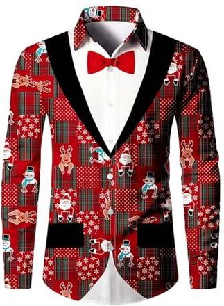 Generic DENGJIAMY Chemise de Noël moche à manches longues pour homme - Robe de fête de Père Noël - Chemise boutonnée - Grande taille - Hauts de vacances décon