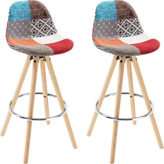Woltu Barhocker 2er Set Barstuhl aus Leinen Holzgestell mit Lehne + Fu&szlig;st&uuml;tze Design Stuhl K&uuml;chenstuhl optimal Komfort Patchwork Mehrfarbig BH45mf-2