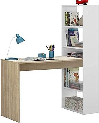 Dmora Denton Schreibtisch, umkehrbarer Multifunktionsschreibtisch mit Bücherregal mit 5 Ablagen, Arbeits- oder Bürotisch für PC-Buchhalter, 120 x 53 x 144 c