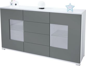 Vladon Sideboard Grömitz V1, Kommode mit 2 großen Türen und 4 Schubladen, Weiß matt/Graphit Seidenmatt (138,5 x 75,5 x 35)