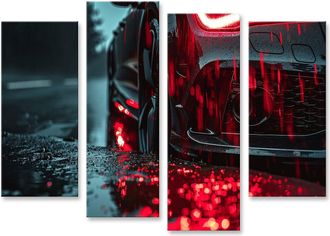 Islandburner Prime Bild auf Leinwand Nasses Auto im roten Licht bei Nacht für Wohnzimmer Autofans Autowerkstatt Bilder Wandbilder Poster