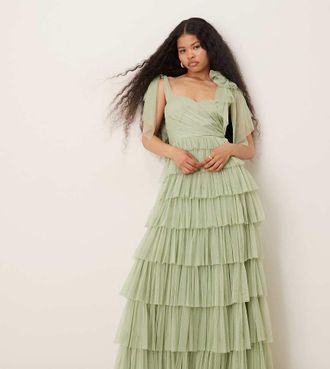 Lace & Beads Petite Robe longue de demoiselle dhonneur en tulle avec bretelles nou&eacute;es - Vert sauge