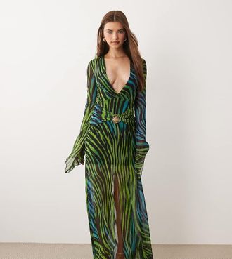 KAIIA Exclusive - Lang&auml;rmliges Maxikleid mit Zebramuster in Blau und Gr&uuml;n, tiefem Ausschnitt, Metalldetail und Schlitz-Mehrfarbig