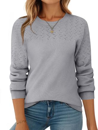 Zeagoo Pullover Damen Strickpullover Herbst Winter Pullover Elegant Rundhals Strickpulli Weich Bequem Pulli Stretch H&auml;kel Sweater Grau L