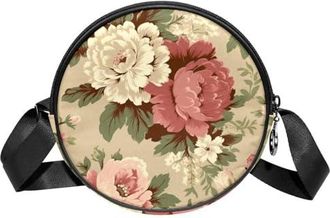 Generic Sac &agrave; bandouli&egrave;re rond pour femme, sac &agrave; bandouli&egrave;re classique vintage &agrave; motif floral avec fermeture &eacute;clair, bretelles r&eacute;glables, sac &agrave; main rond d&eacute;co
