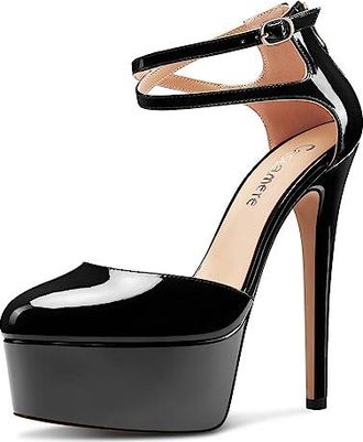Castamere Femmes Aiguille Haut High Plate-Forme Talon Heel Rond Bout Lanières Cheville Escarpins Mariage Danse Dress 15 CM Heels Noir 43 EU
