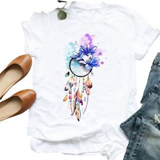 Keephen Bohemian Plume Papillon Impression 3D Femmes T-Shirt Casual &Eacute;t&eacute; Boho Tops Col Rond L&acirc;che Manches Courtes Blouses Tunique