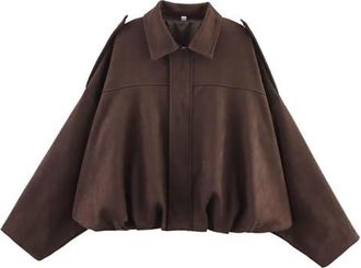 Generic Veste bomber en daim synth&eacute;tique pour femme avec fermeture &eacute;clair, manteau pilote &agrave; revers de printemps, v&ecirc;tement dext&eacute;rieur d&eacute;contract&eacute; &agrave; manches lon