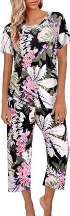 Generic Pyjama pour femme - Pantalon 7/8 - Deux pièces - Ensemble pyjama à manches courtes - Motif floral - Vêtement de nuit élégant - Léger et confortable - 