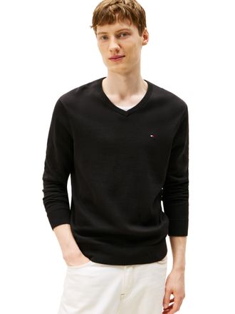 Tommy Hilfiger Herren-Pullover, Baumwolle, einfarbig, V-Ausschnitt, Leichter Pullover, Schwarz, X-Klein