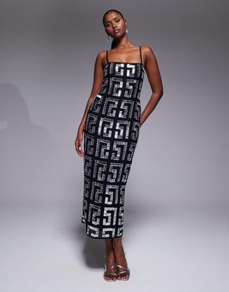 Asos Robe mi-longue droite ornement&eacute;e - Noir