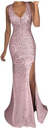 Generic BOTCAM Robe de Soir&eacute;e &Eacute;l&eacute;gante pour Femme - Paillet&eacute;e, Col en V, Sans Manches, Taille Haute, Fente Lat&eacute;rale - Longue Princesse pour Mariage, F&ecirc;te, Coc