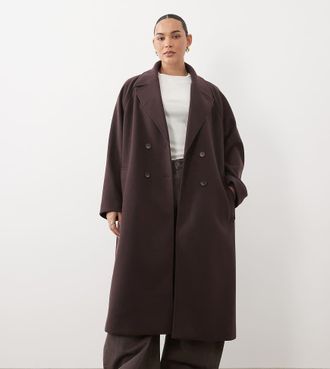 Asos Curve ASOS DESIGN Curve manteau long &agrave; double boutonnage couleur prune chocolat-Marron